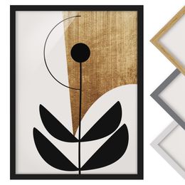 Bilderwelten Bild mit Rahmen - gerahmte Wandbilder Bilderwand -Abstrakte Formen Blume Gold Wandbilder Kunstdruck Wohnzimmer Schlafzimmer K&uuml;che schwarzer Rahmen