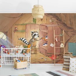 Bilderwelten Tapete - Fototapete Kinderzimmer - Wassili am K&uuml;chenschrank - Wassili Waschb&auml;r - Waldtapete Kindertapete Kinder Junge M&auml;dchen Baby