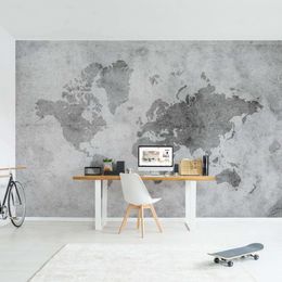 Bilderwelten Tapete Weltkarte von - Fototapete World Map - Vintage Weltkarte II - Landkarte grau Betonoptik Map Schlafzimmer Wohnzimmer Vliestapeten