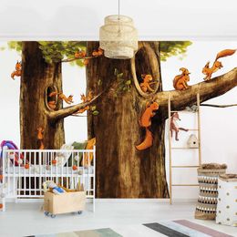 Bilderwelten Kindertapete Kinderzimmer Wald - Einh&ouml;rnchen - Eichh&ouml;rnchen - Baum Babyzimmer Tiere Waldtiere Fototapete - Schlafzimmer Wohnzimmer