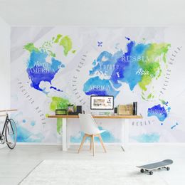Bilderwelten Fototapete Weltkarte modern Aquarell blau - Weltkarte Aquarell blau gr&uuml;n - Karten Wohnzimmer Schlafzimmer