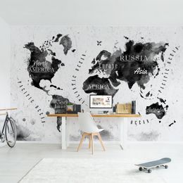 Bilderwelten Fototapete Weltkarte modern Aquarell schwarz weiss - Weltkarte Aquarell schwarz - Karten Wohnzimmer Schlafzimmer