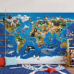 Bilderwelten Kindertapete - Weltkarte mit Tieren - Babyzimmer Tapete Jungen M&auml;dchen Kinderzimmer Dschungel Zootiere Fototapete auch selbstklebend
