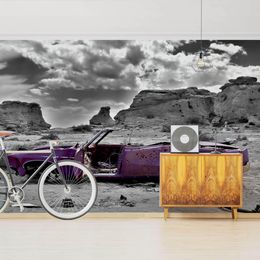 Bilderwelten Tapete - Fototapete Pink Cadillac - Oldtimer Schwarz Wei&szlig; Vintage - Wandtapete Schlafzimmer Wohnzimmer - auch selbstklebend