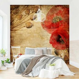 Bilderwelten Fototapete Blumen Vintage Wandtapete rot - Poppy Flower - Mohn Wohnzimmer Schlafzimmer