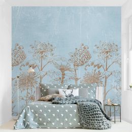 Bilderwelten Tapete - Fototapete Blumen Shabby - Radierung in Blau - Vintage - Blumentapete Wandtapete Schlafzimmer Wohnzimmer auch selbstklebend