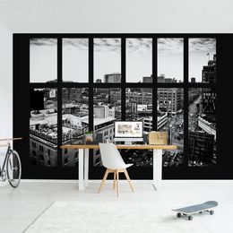 Fototapete New York Fensterblick schwarz-weiss - Vliestapete nach Ma&szlig; Skyline Stadt Wohnzimmer Schlafzimmer Bad Badezimmer K&uuml;che Flur Esszimmer