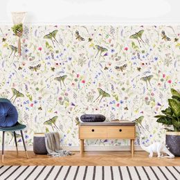 Bilderwelten Mustertapete Schmetterlinge mit Blumen auf Creme