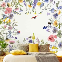 Bilderwelten Fototapete Aquarellierte Blumen mit Marienk&auml;fern Aquarell,Botanik Blumenwiese Wohnzimmer,Schlafzimmer Vliestapeten inkl. Kleister oder selbstklebend