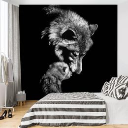 Bilderwelten Fototapete Tiere Motiv Wandtapete schwarz weiss - Wolf vor Schwarz - Deko Wohnzimmer Schlafzimmer