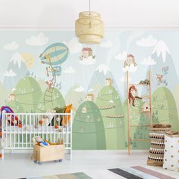 Bilderwelten Fototapete Wald Illustration Wandtapete gr&uuml;n - Wald mit H&auml;usern und Tieren - Ballon Kinderzimmer Baby M&auml;dchen Jungen