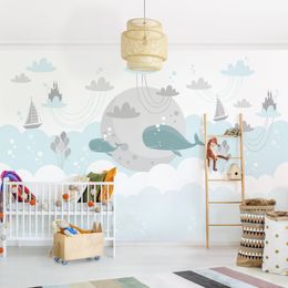 Bilderwelten Tapete - Fototapete - Wolken mit Wald und Schloss - Bildtapete Breit - Wandtapete nach Ma&szlig; Schlafzimmer Wohnzimmer - auch selbstklebend