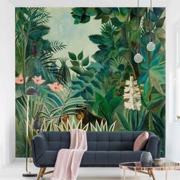 Bilderwelten Fototapete Tropisch Vintage gr&uuml;n Palmen Blumen Wald Henri Rousseau - Dschungel Botanik selbstklebende Tapete Schlafzimmer Wohnzimmer K&uuml;che Vlies Flur