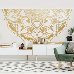 Bilderwelten Mustertapete Spirituell Orientalisch Wandtapete gold - Mandala Blume Halbkreis gold wei&szlig; - Ornamente Wohnzimmer Schlafzimmer