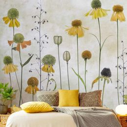 Bilderwelten Tapete Blumen - Helenium Bl&uuml;ten Vintage - Fototapete Blumen florale Blumentapete grau gelb Schlafzimmer Wohnzimmer K&uuml;che selbstklebend