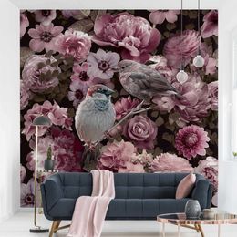 Bilderwelten Fototapete Blumenparadies Spatzen in Altrosa