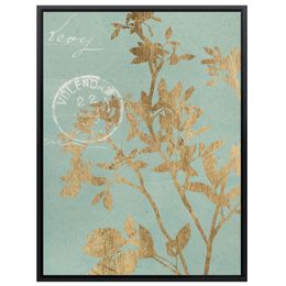 Bilderwelten Leinwandbild - Hochformat Goldene Bl&auml;tter auf Turquoise II