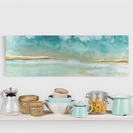 Leinwandbild Smaragd-Wolken und Gold II - Wandbild bis XXL Print Aquarell Kunstdruck Natur Strand Himmel Wohnzimmer Bad Badezimmer T&uuml;rkis