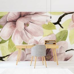Bilderwelten Tapete Blumen - Magnolie II - Rosa Ast Zweig Fototapete Malerei Aquarell florale Blumentapete - Wandtapete Schlafzimmer Wohnzimmer