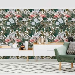 Bilderwelten Mustertapete Tiere Tropisch Wandtapete gr&uuml;n - Rosa Flamingos mit Bl&auml;ttern und wei&szlig;en Blumen - V&ouml;gel Wohnzimmer Schlafzimmer