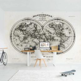 Bilderwelten Fototapete Weltkarte Vintage Wandtapete schwarz weiss - Weltkarte - Franz&ouml;sische Karte der Hemissph&auml;ren von 1848 - Karten Wohnzimmer Schlafzimmer