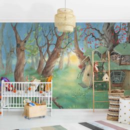 Bilderwelten Fototapete Wald Illustration Aquarell gr&uuml;n - Wassili Waschb&auml;r - Wassili und Sibelius schlafen - B&auml;ume Kinderzimmer Baby M&auml;dchen Jungen