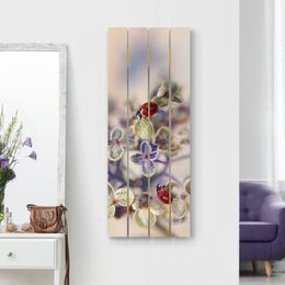 Bilderwelten Holzbild Blumen beige Motiv nat&uuml;rlicher Effekt - Marienk&auml;fer im Garten - Deko Wohnzimmer Schlafzimmer
