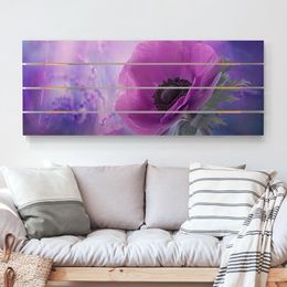Bilderwelten Holzbild Blumen violett Motiv nat&uuml;rlicher Effekt - Anemonenbl&uuml;te in Violett - Deko Wohnzimmer Schlafzimmer
