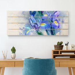 Bilderwelten Holzbild Blumen blau modern Aquarell - Aquarell Blumen Iris - Deko Wohnzimmer Schlafzimmer