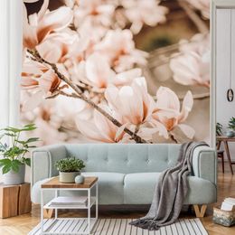 Bilderwelten Fototapete Wald Vintage Wandtapete braun - Magnolienzweige im Vintagestil - B&auml;ume Wohnzimmer Schlafzimmer