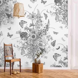 Bilderwelten Fototapete Blumen Landhaus Wandtapete schwarz weiss - Schmetterlinge um Blumeninsel in Schwarz - Schmetterlinge Wohnzimmer Schlafzimmer