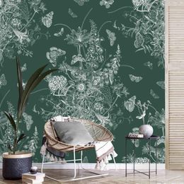 Bilderwelten Fototapete Schmetterlinge um Blumeninsel vor Gr&uuml;ngrau Landhaus,Botanik Blume,Tiere Schmetterlinge Wohnzimmer,Schlafzimmer Vliestapete