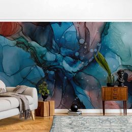 Bilderwelten Fototapete originell Abstrakt Aquarell petrol - Unterwasser in Petrol und Rot mit Gold - Deko Wohnzimmer Schlafzimmer