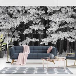Bilderwelten Fototapete Wald modern Wandtapete schwarz weiss - Wald mit Raureif in &Ouml;sterreich - B&auml;ume Wohnzimmer Schlafzimmer