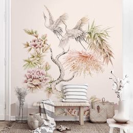 Bilderwelten Fototapete Aquarell St&ouml;rche im Flug mit Blumen Aquarell,Tiere V&ouml;gel,Botanik Rose,Botanik Ranke Schlafzimmer,Wohnzimmer Vliestapete