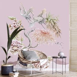 Bilderwelten Fototapete Aquarell St&ouml;rche im Flug mit Blumen auf Rosa Aquarell,Tiere V&ouml;gel,Botanik Rose,Botanik Ranke Schlafzimmer,Wohnzimmer Vliestapete