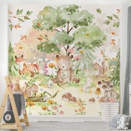 Bilderwelten Fototapete Aquarell Waldtiere - Vliestapete, Babytapete, Kindertapete - Babyzimmer Kinderzimmer - Baby M&auml;dchen Jungen - selbstklebende Tapete - Wald