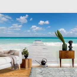 Bilderwelten Fototapete Strand Motiv 3D-Effekt blau - Steg ins Meer - Steg Wohnzimmer Schlafzimmer