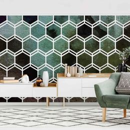 Bilderwelten Mustertapete Vliestapete Illustration Aquarell gr&uuml;n - Hexagontr&auml;ume Aquarell in Gr&uuml;n - Geometrisch Wohnzimmer Schlafzimmer
