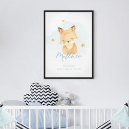 Bilderwelten Bild mit Rahmen Fuchsbaby mit Wunschtext Blau