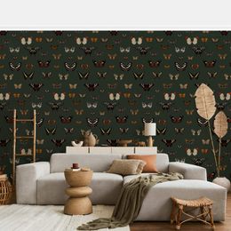 Bilderwelten Fototapete Tiere Vintage Wandtapete gr&uuml;n - Vintage Schmetterlinge auf Dunkelgr&uuml;n - Retro Wohnzimmer Schlafzimmer