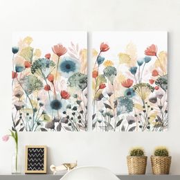 Bilderwelten Leinwandbild Blumen Aquarell mehrteiliges Set Wildblumen Sommer Set - Modernes Wandbild Hochformat Bilder auf Leinwand Wohnzimmer