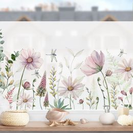 Fensterbild mehrfarbig Libellen im Blumenrausch - Fensterfolie Sichtschutzfolie Blumen Floral Badezimmer K&uuml;che Wohnzimmer Schlafzimmer Fr&uuml;hling Sommer