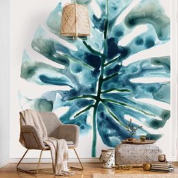 Bilderwelten Fototapete Blaues tropisches Juwel Malerei Aquarell,Stil Tropisch,Botanik Pflanzen Wohnzimmer Vliestapete inkl. Kleister oder selbstklebend