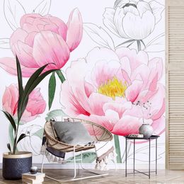 Bilderwelten Fototapete Zeichnung Rosa P&auml;onien I Aquarell,Botanik Rose,Blume,K&uuml;nstler Schlafzimmer,Wohnzimmer Vliestapete inkl. Kleister oder selbstklebend