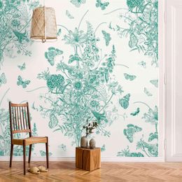 Bilderwelten Fototapete Schmetterlinge um Blumeninsel in Gr&uuml;n Landhaus,Botanik Blume,Tiere Schmetterlinge Wohnzimmer,Schlafzimmer Vliestapete