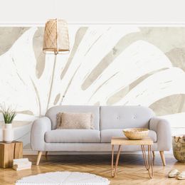 Bilderwelten Fototapete Monstera Silhouette auf Leinen Malerei Tropisch,Botanik Pflanzen Wohnzimmer,Schlafzimmer Vliestapete inkl. Kleister oder selbstklebend