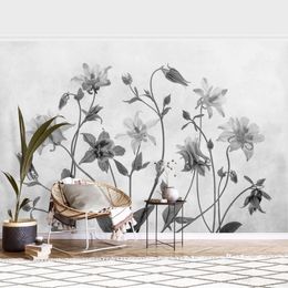 Bilderwelten Fototapete Wald Akelei Schwarz-Wei&szlig; Landhaus,Botanik Blume Wohnzimmer,Schlafzimmer Vliestapete inkl. Kleister oder selbstklebend