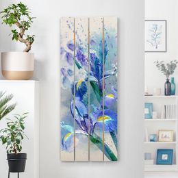 Bilderwelten Holzbild Blumen blau modern Aquarell - Aquarell Blumen Iris - Deko Wohnzimmer Schlafzimmer
