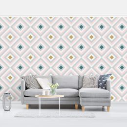 Bilderwelten Fototapete Vliestapete Vintage Wandtapete rosa - Rautenmuster mit Streifen in Pastell Rosa und Blau - Retro Wohnzimmer Schlafzimmer